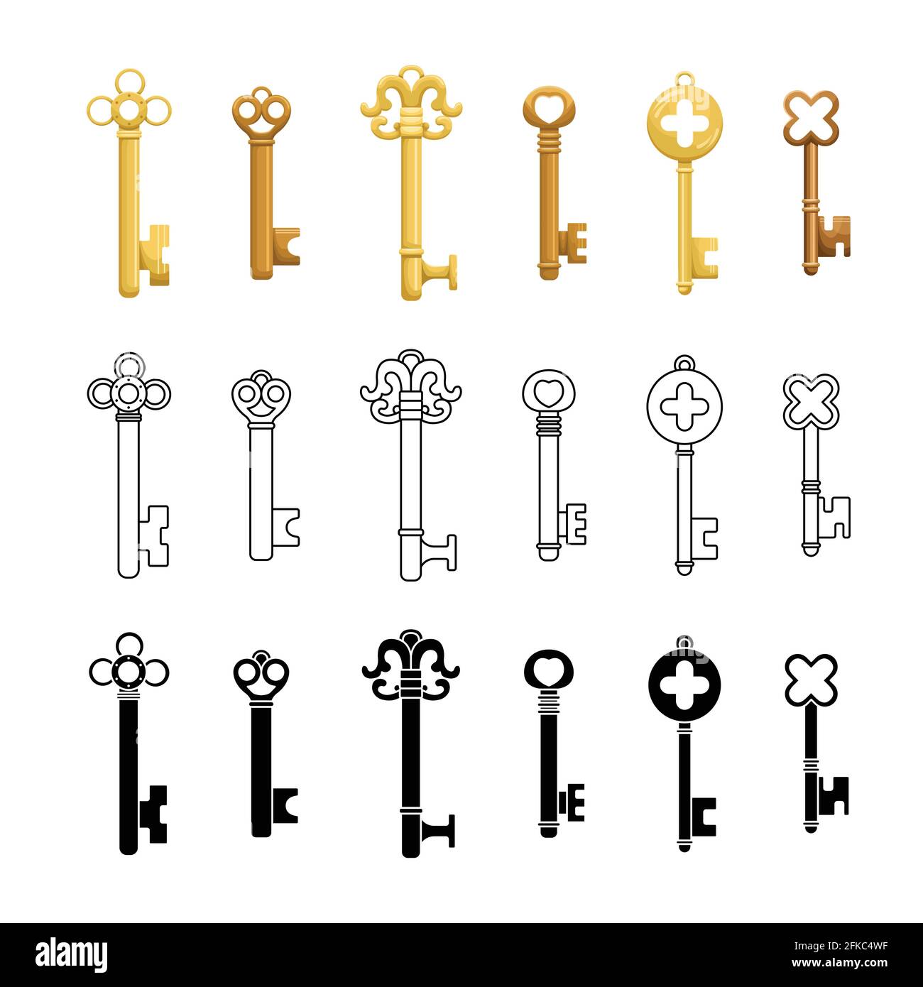 Vector set of retro keys in three styles - flat, outline, simple Stock ...