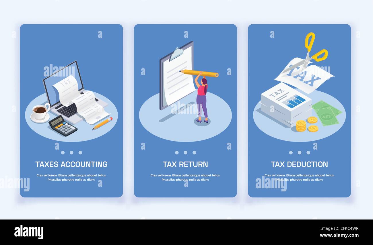 Taxes accounting isometric vertical banners set with images of various ...