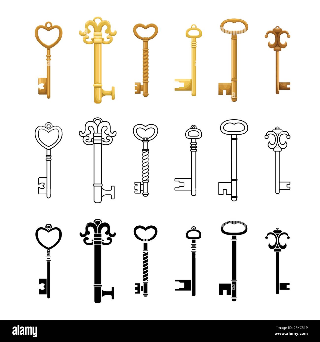 Vector set of retro keys in three styles - flat, outline, simple Stock ...