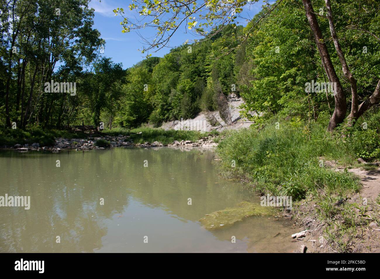 view of a small dam wall in a creek Stock Photo - Alamy