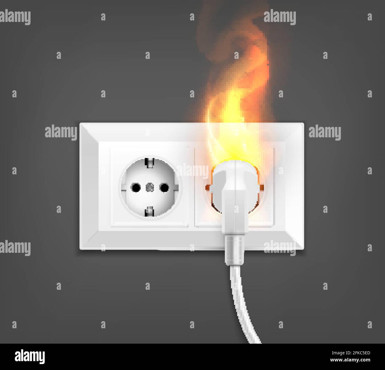 Burning power socket realistic composition with image of double wall ...