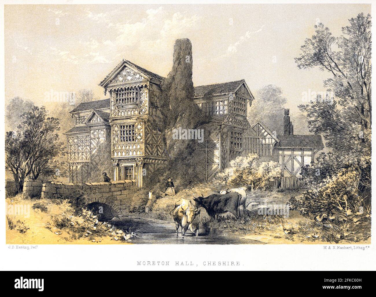 A lithotint of Little Moreton Hall, Cheshire UK scanned at high ...