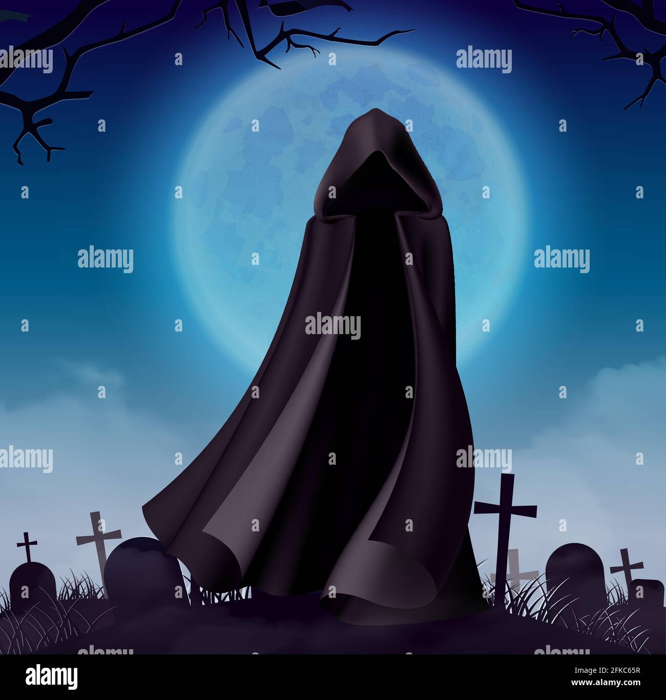 Halloween ghost cloak realistic composition with night sky moon and ...