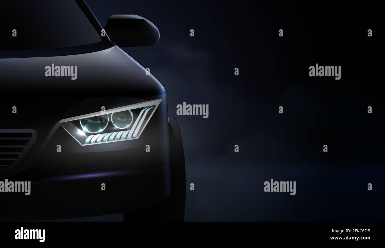 Realistic car headlights AD composition and headlights with green and ...