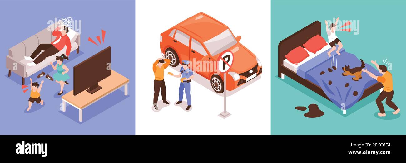 People feeling stress at home and on road every day isometric design ...