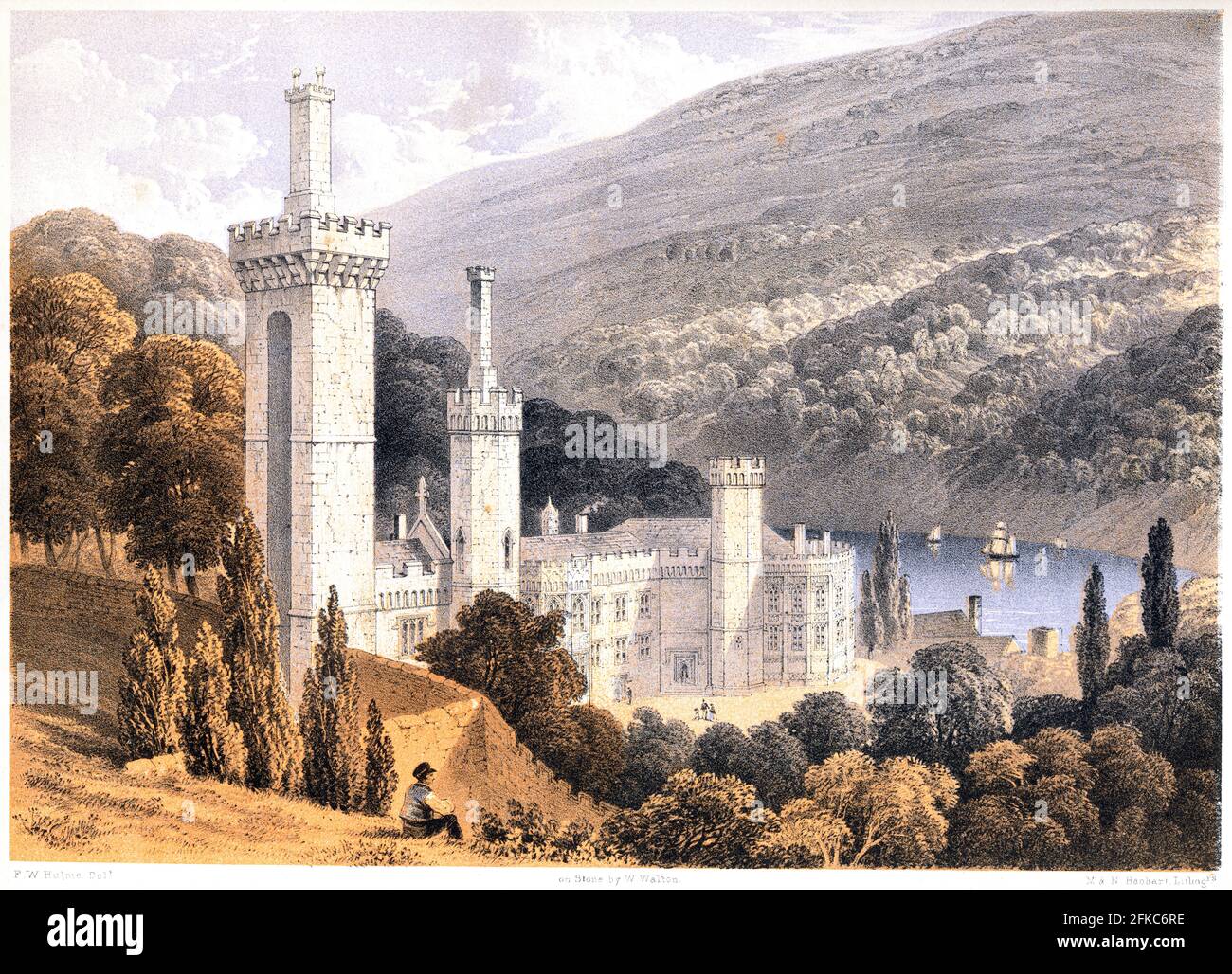 A lithotint of Place House, Cornwall scanned at high resolution from a ...
