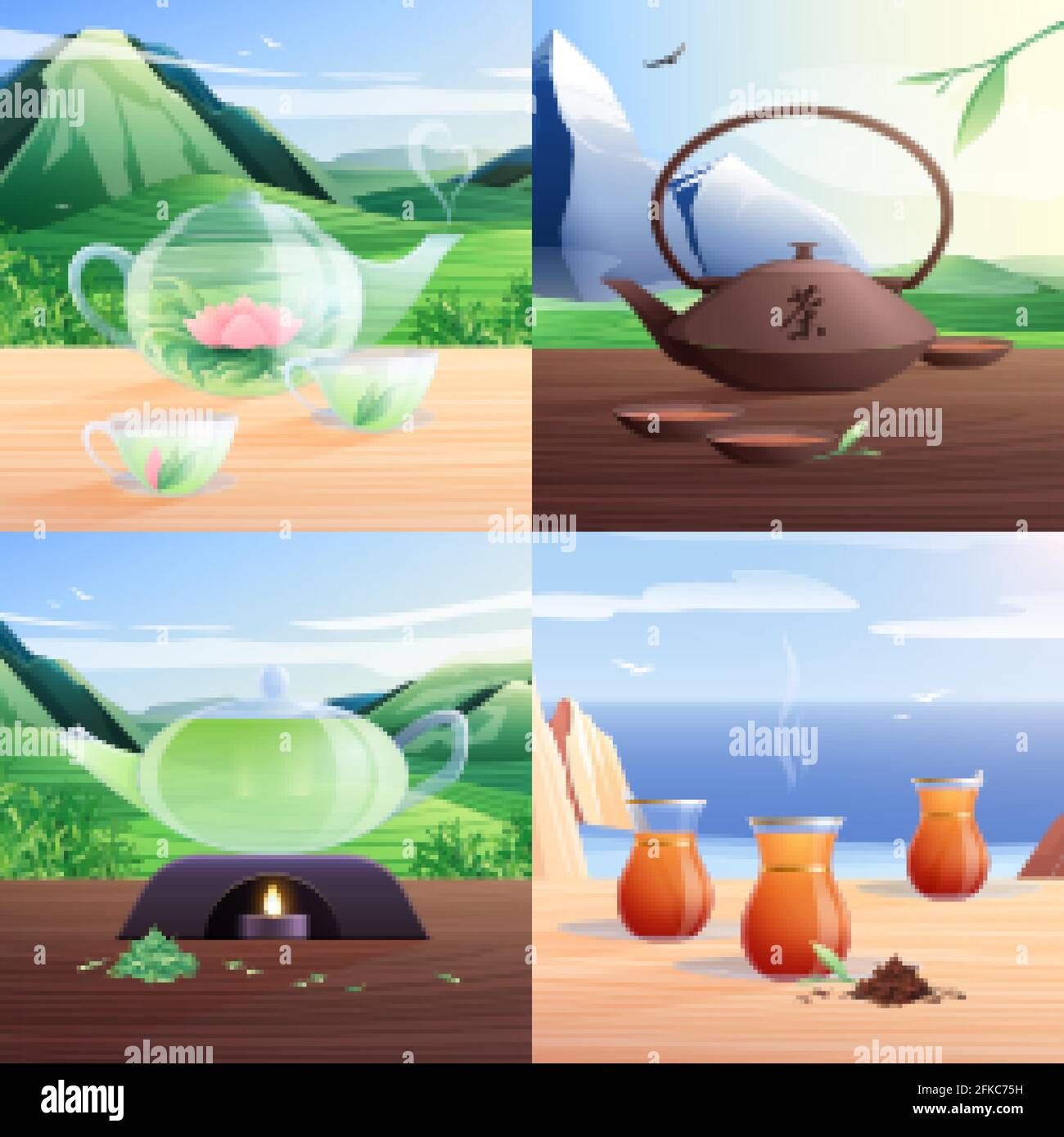 Tea traditions 2x2 design concept with items of tea ceremony on tea ...