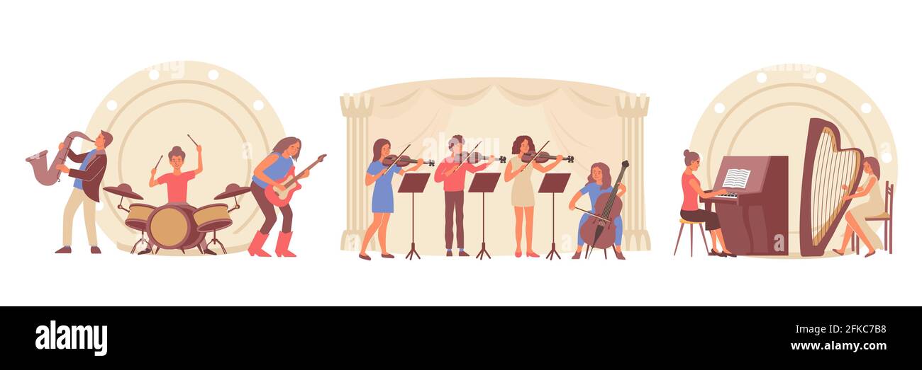 Learning music set of three flat compositions with views of stages and ...