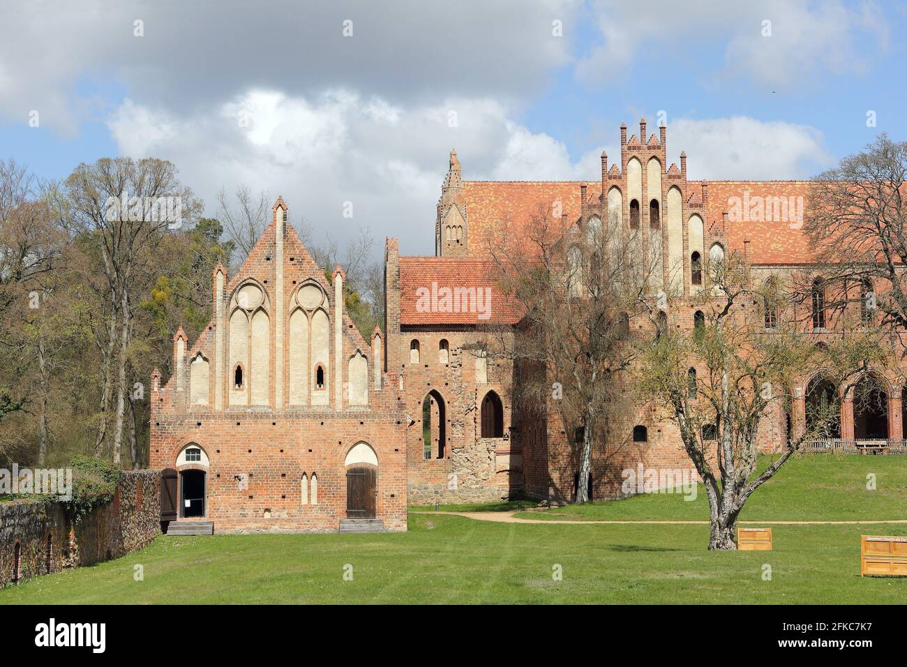 South façade with stepped gables and pointed arches of Chorin Abbey in ...