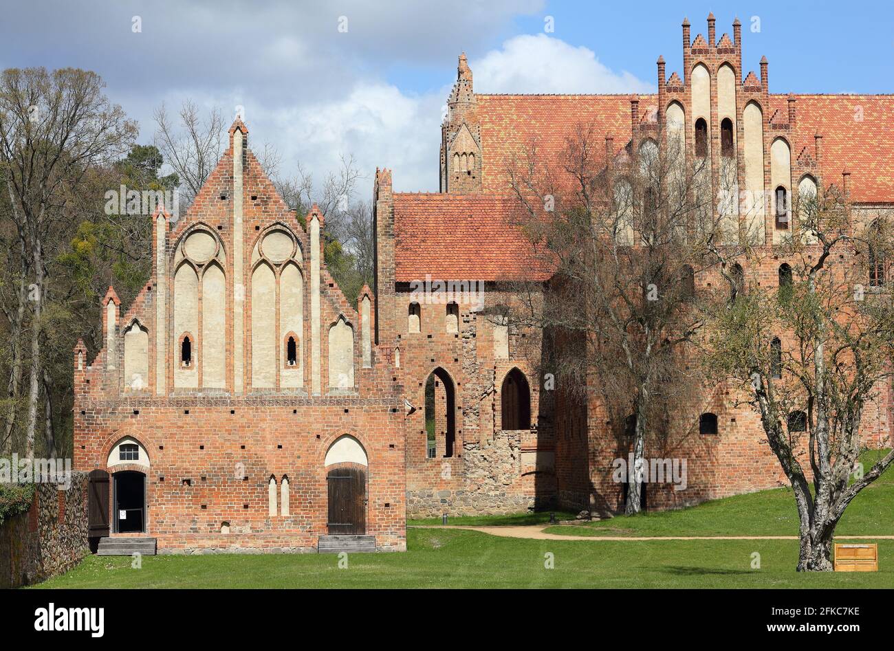 South façade with stepped gables and pointed arches of Chorin Abbey in ...
