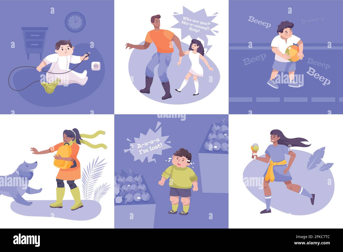 Child safety square set with kidnapping and road flat isolated vector ...