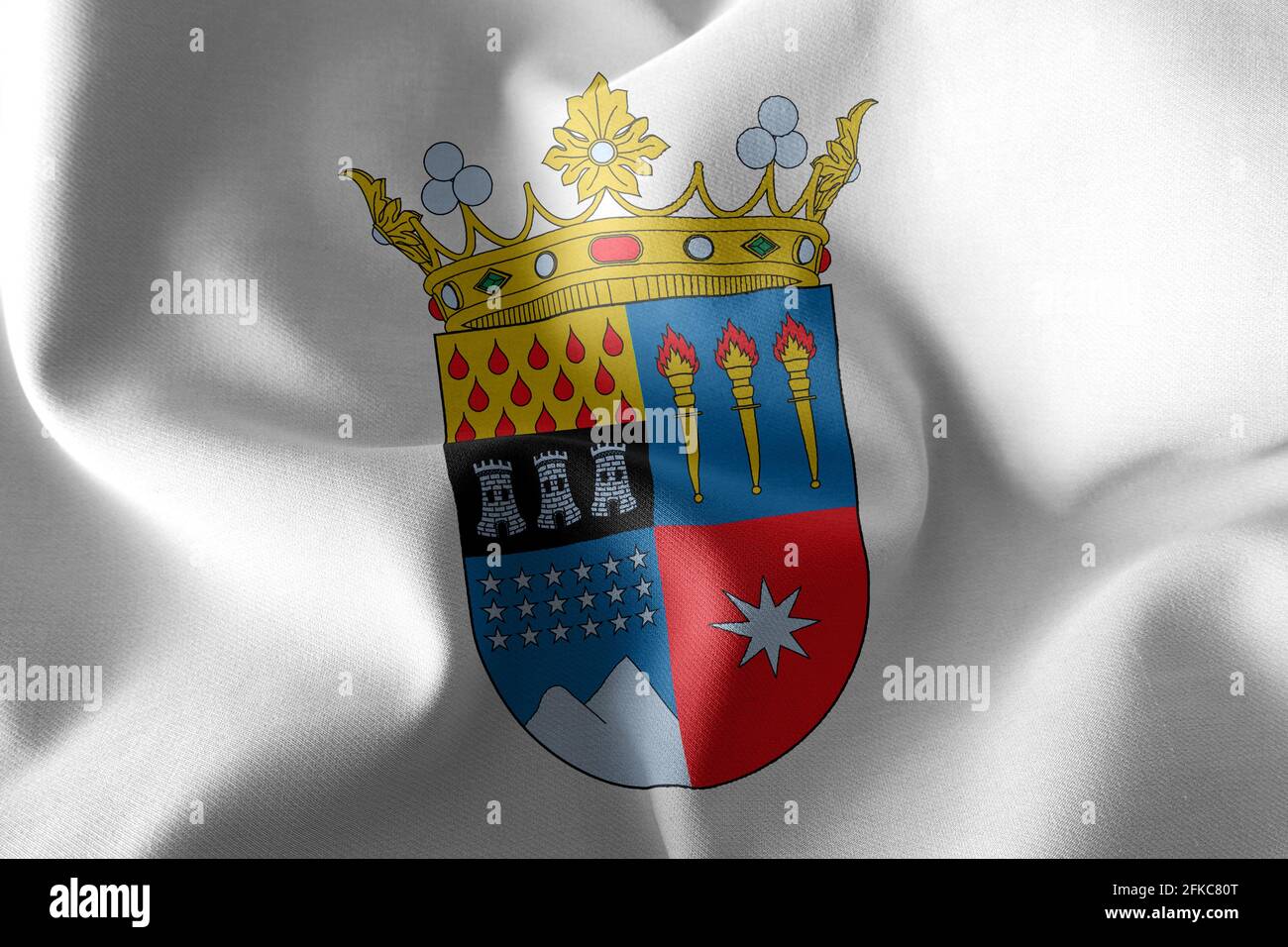 3D illustration flag of Nuble is a region of Chile. Waving on the wind ...