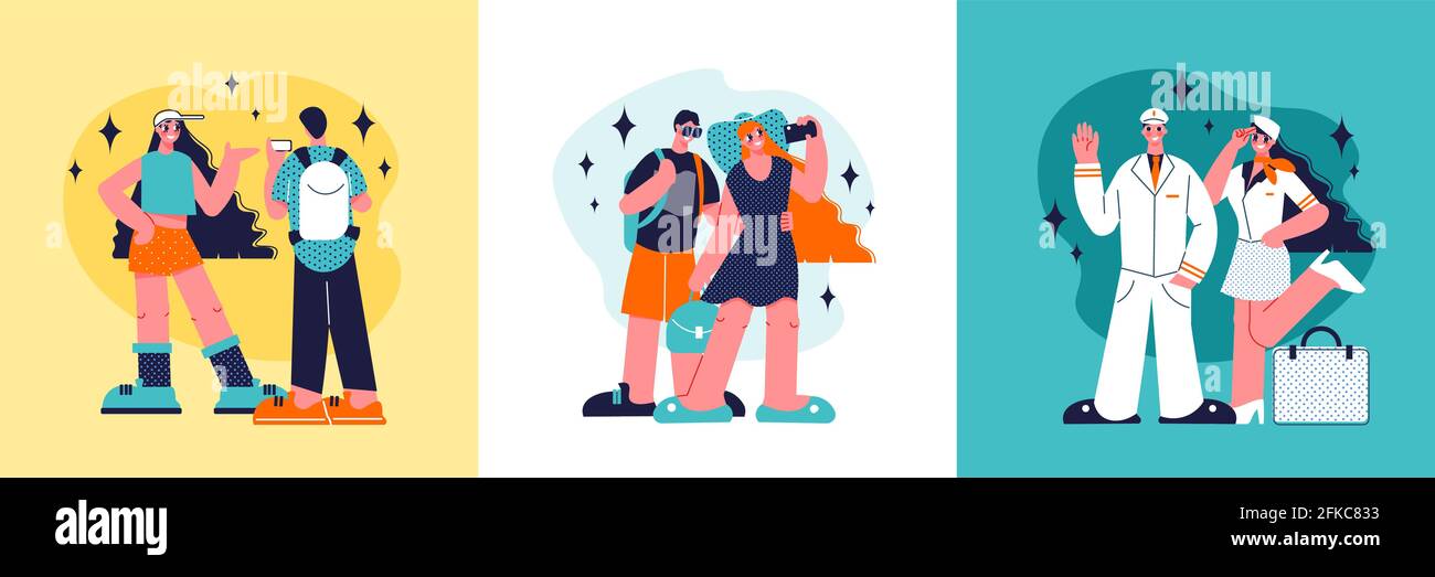 Travel design concept with three square compositions of doodle style ...