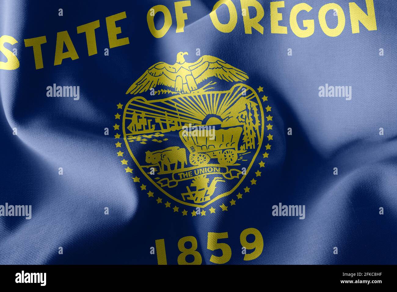 3D illustration flag of Oregon is a region of United States. Waving on ...