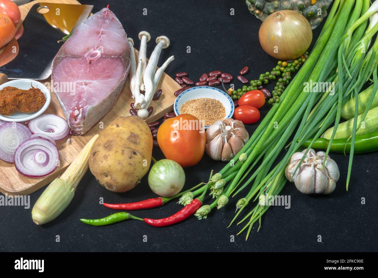 Preparing cooking materials. Fresh vegetables, Fresh fish fillets and ...