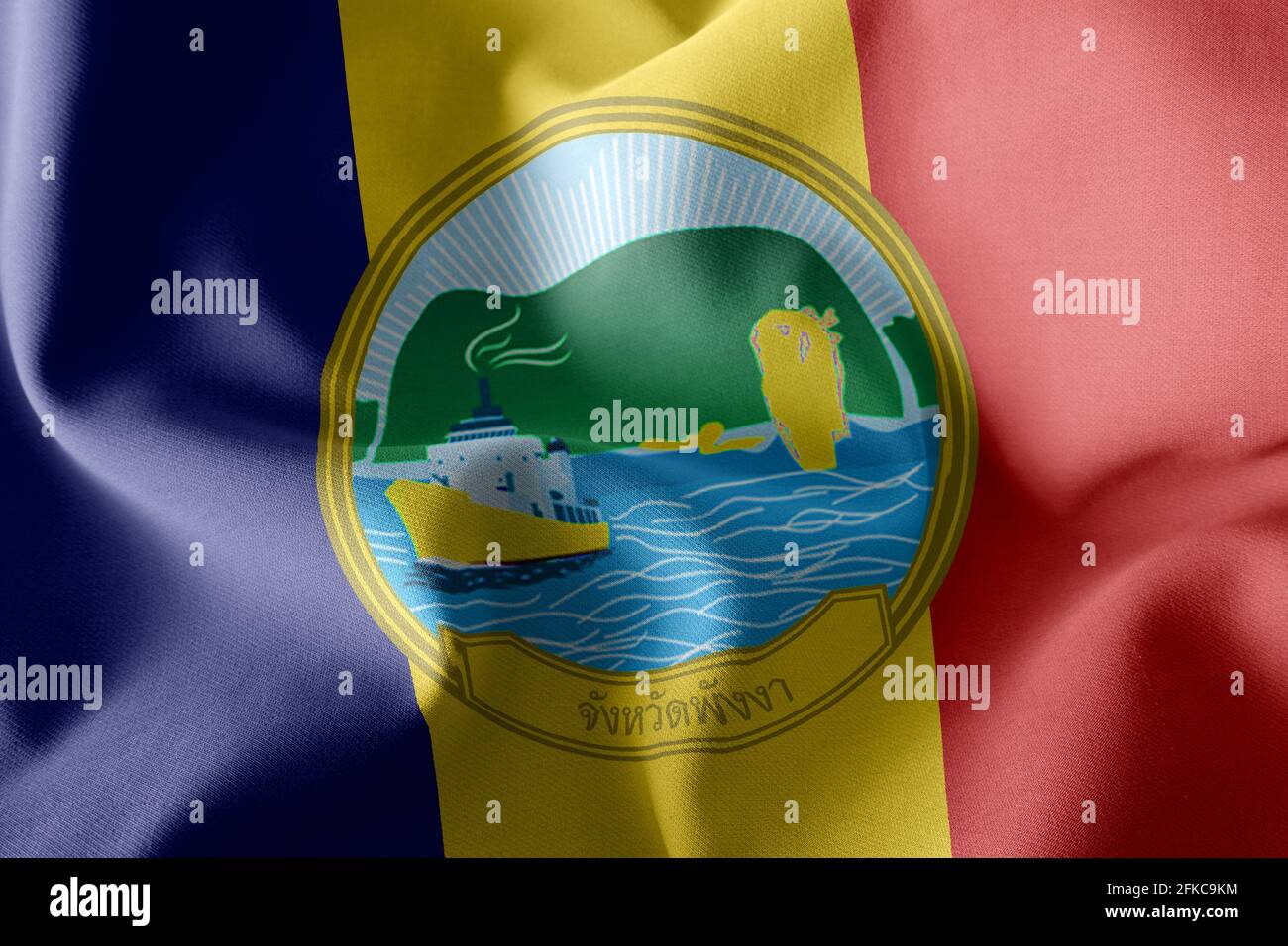 3D illustration flag of Phang Nga is a province of Thailand. Waving on the wind flag with ...