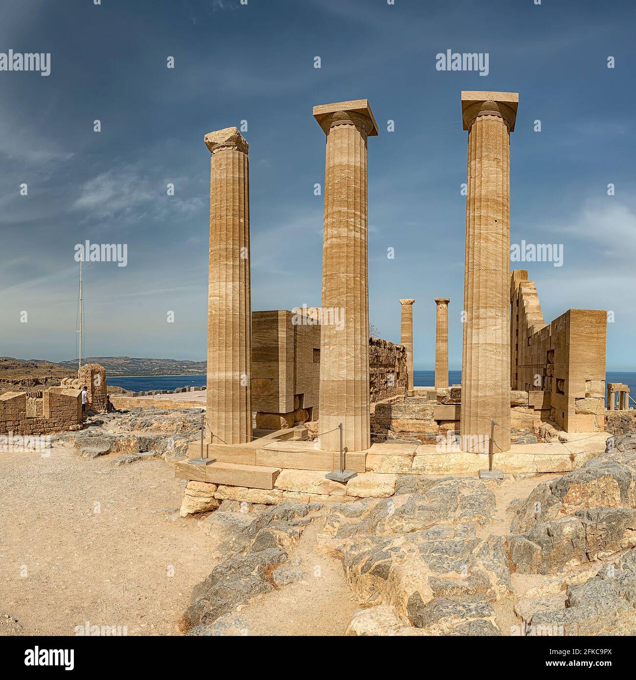 The ruined temple of Athena at the Lindos acropolis on the Greek island ...