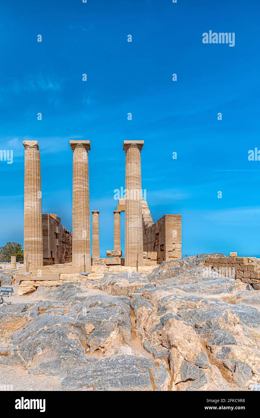 The ruined temple of Athena at the Lindos acropolis on the Greek island ...
