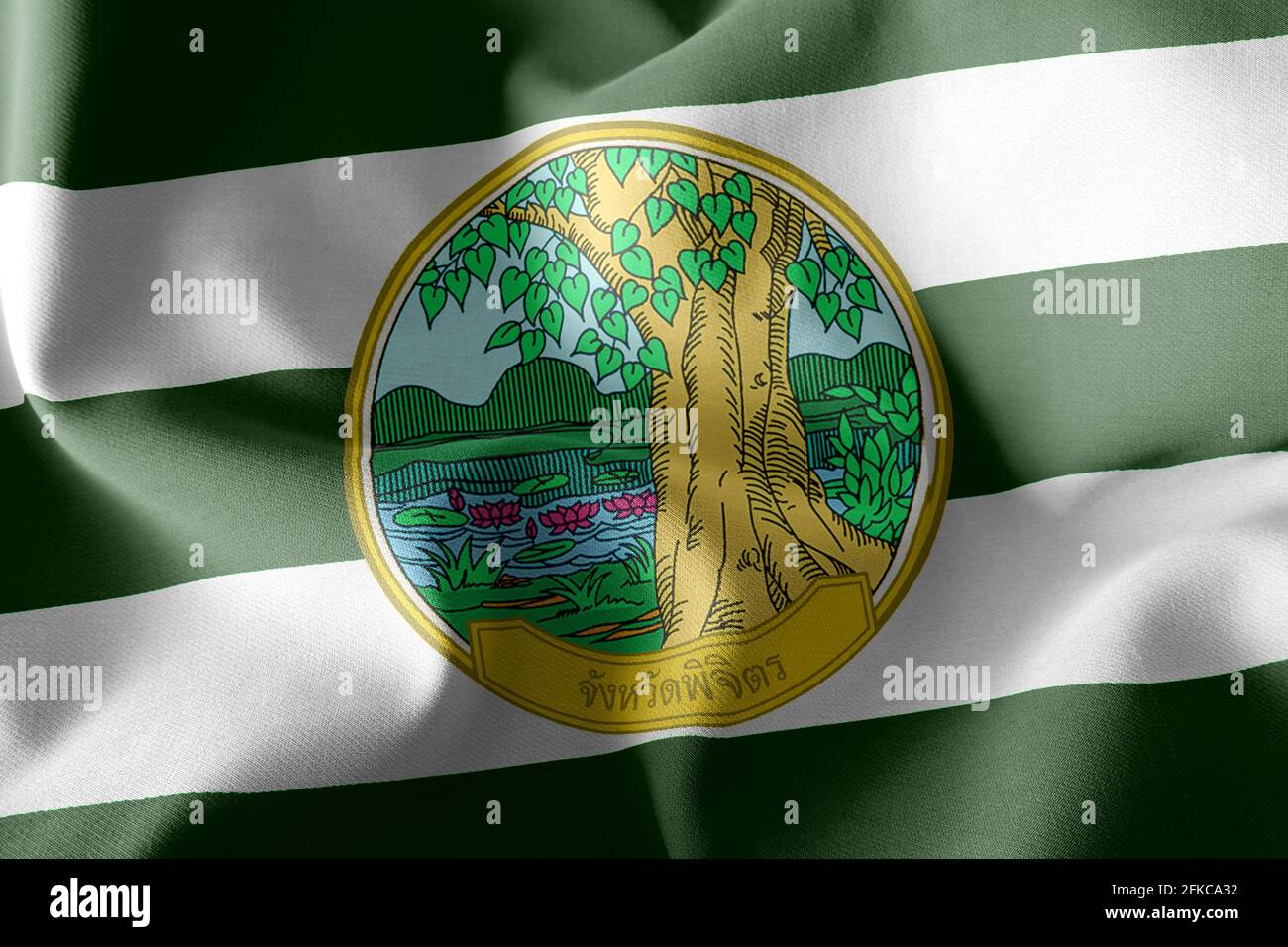 3D illustration flag of Phichit is a province of Thailand. Waving on ...