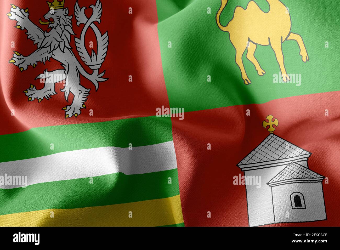 3D illustration flag of Plzen is a region of Czech Republic. Waving on ...