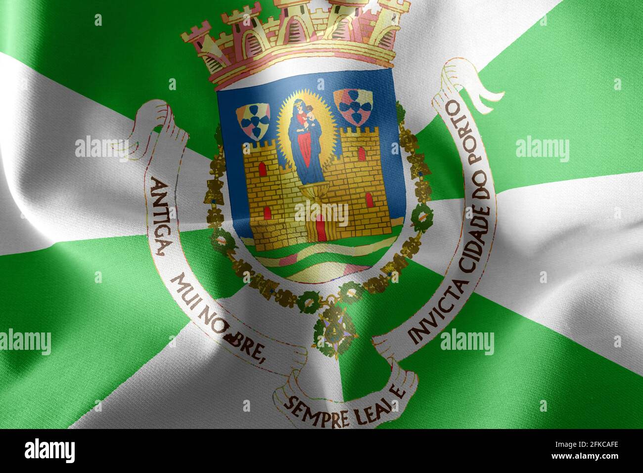 3D illustration flag of Porto is a region of Portugal. Waving on the ...