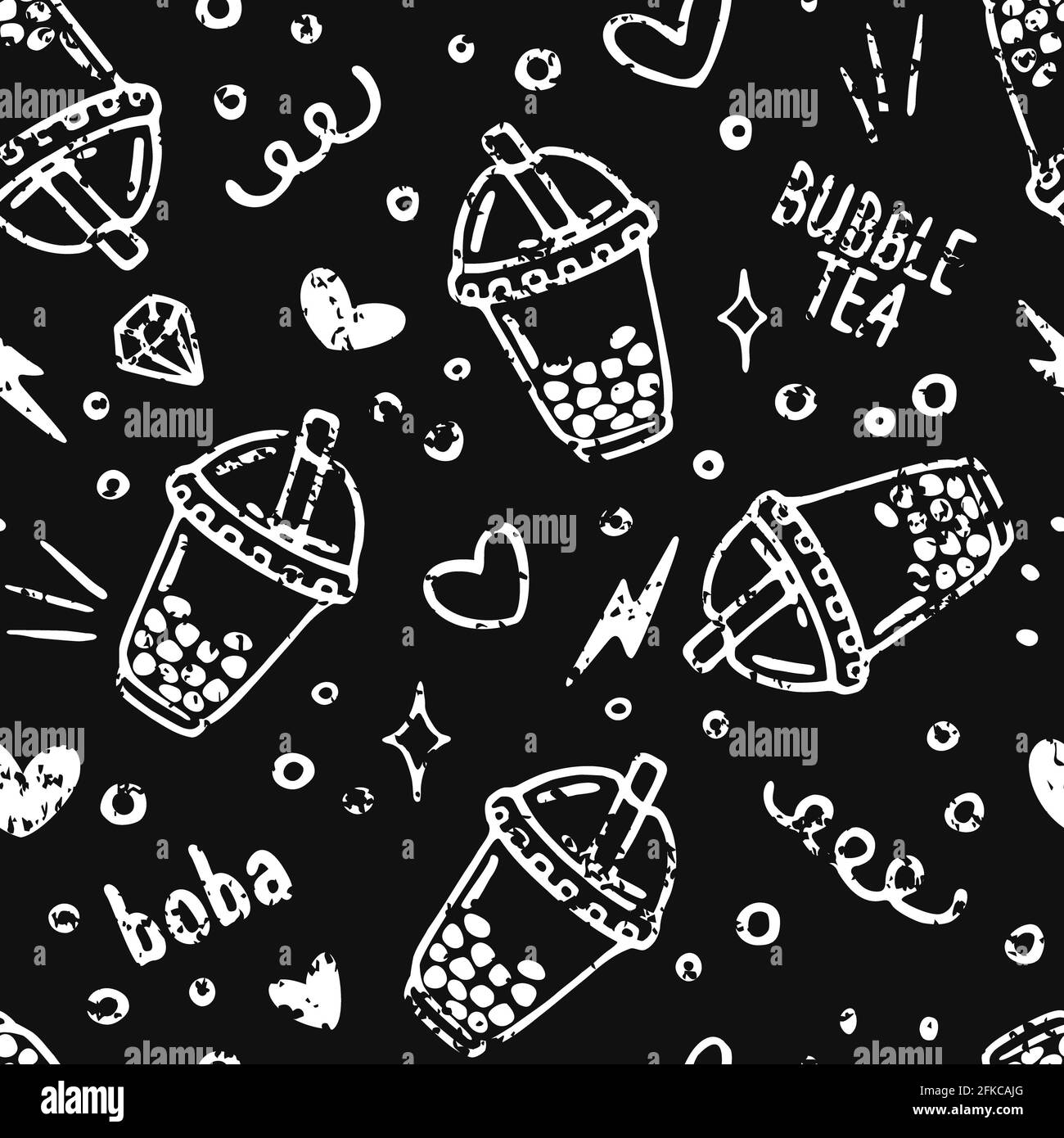 Vector seamless pattern with bubble tea in plastic cups and doodles ...