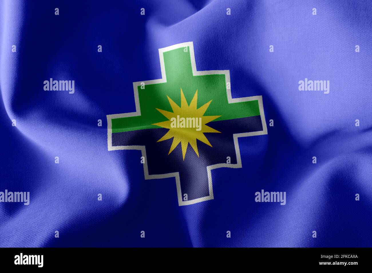 3D illustration flag of Puno is a region of Peru. Waving on the wind ...