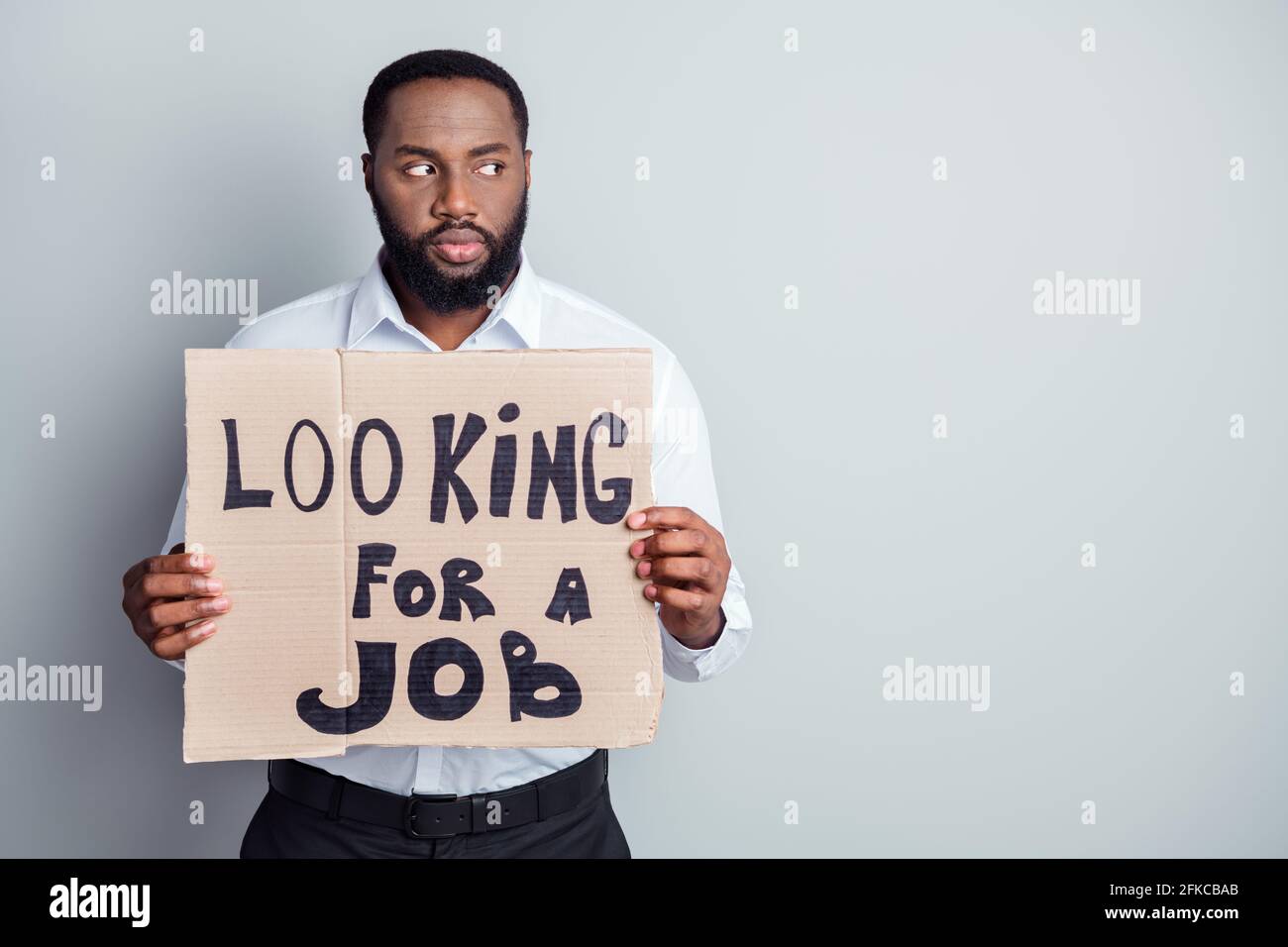 Photo portrait of man curious searching for new job fired looking blank ...