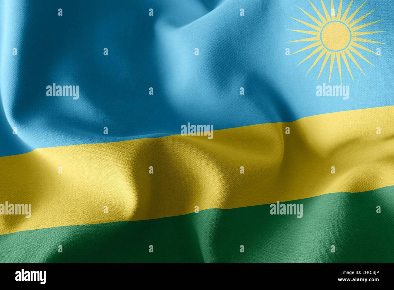 3D illustration flag of Rwanda. Waving on the wind flag textile ...