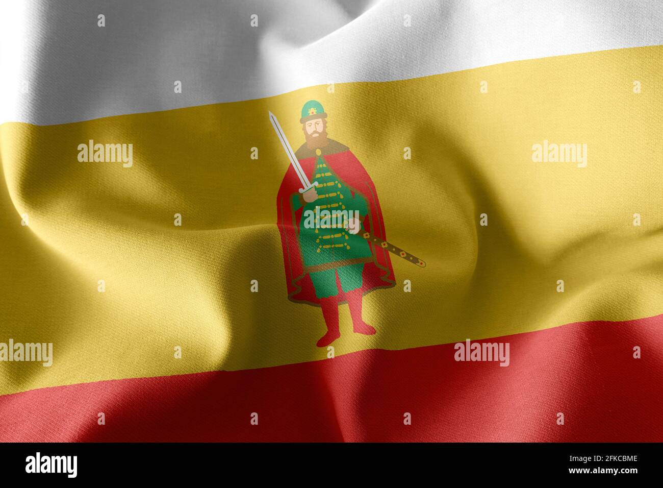 3D illustration flag of Ryazan Oblast is a region of Russia. Waving on ...