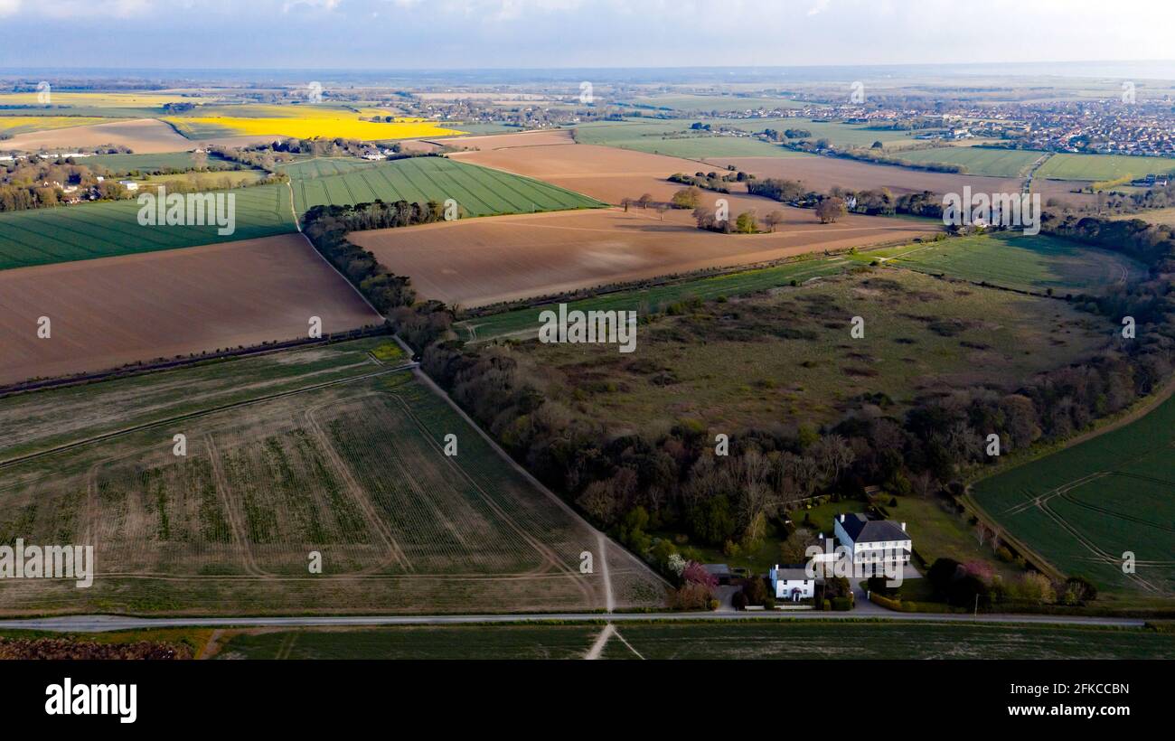 Aerial view of agricultural field patterns in Ripple, Kent Stock Photo ...