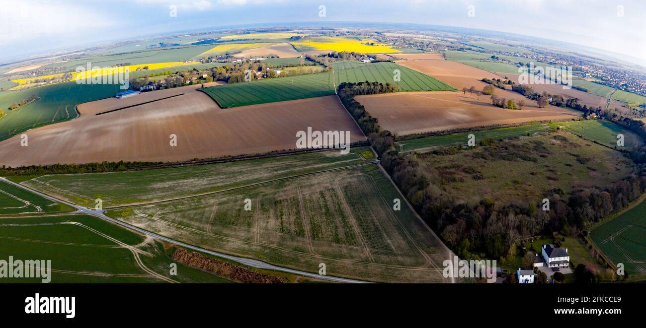 Panoramic, aerial view of agricultural field patterns in Ripple, Kent ...
