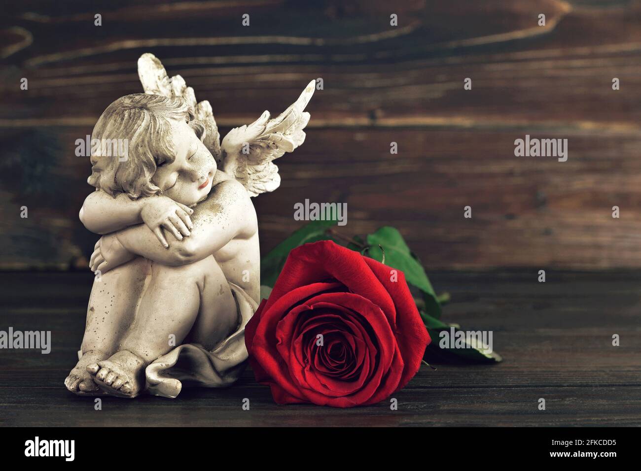 Sleeping little angel and red rose on wooden background Stock Photo - Alamy