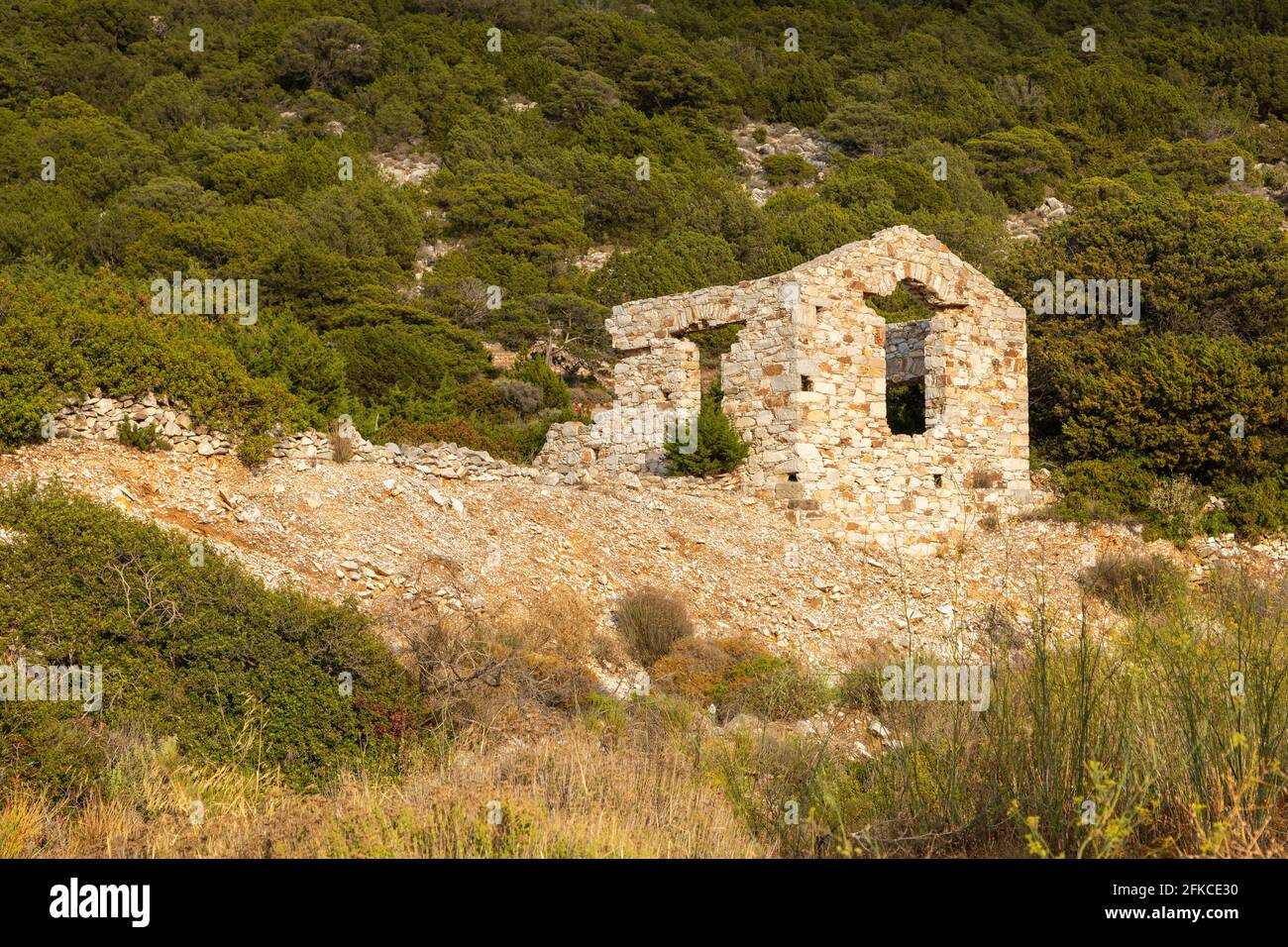 Ruins of a byzantine house at the ancient Paros marble quarries, famous ...