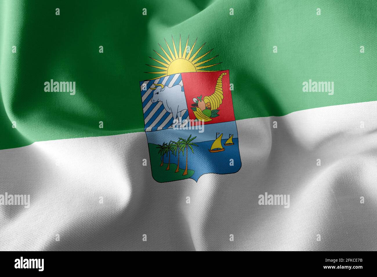 3D illustration flag of Sucre is a region of Colombia. Waving on the ...