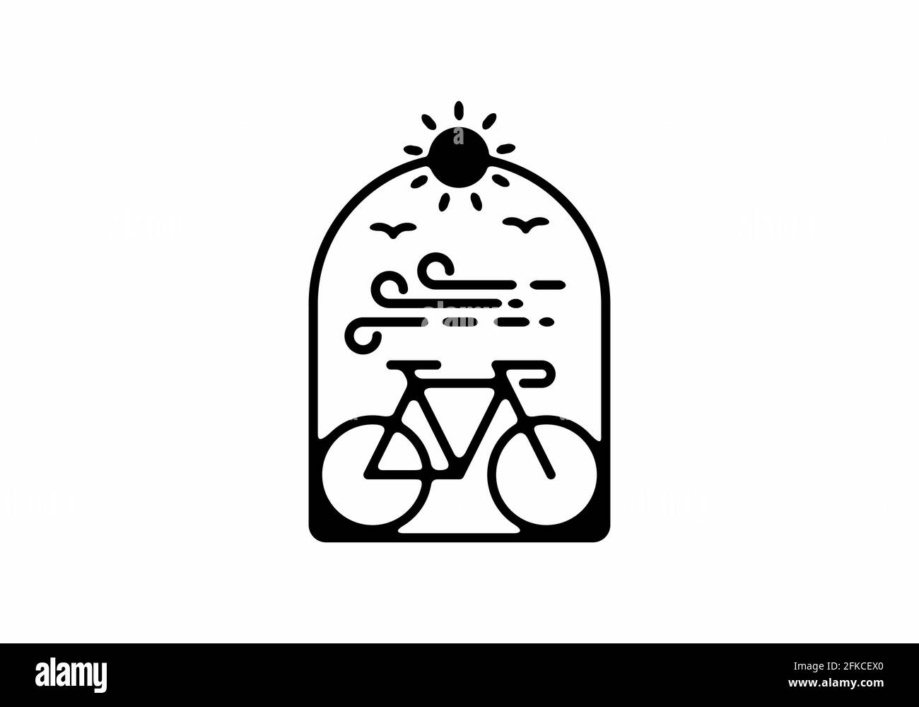 Black line art illustration of bicycle in window frame shape design ...