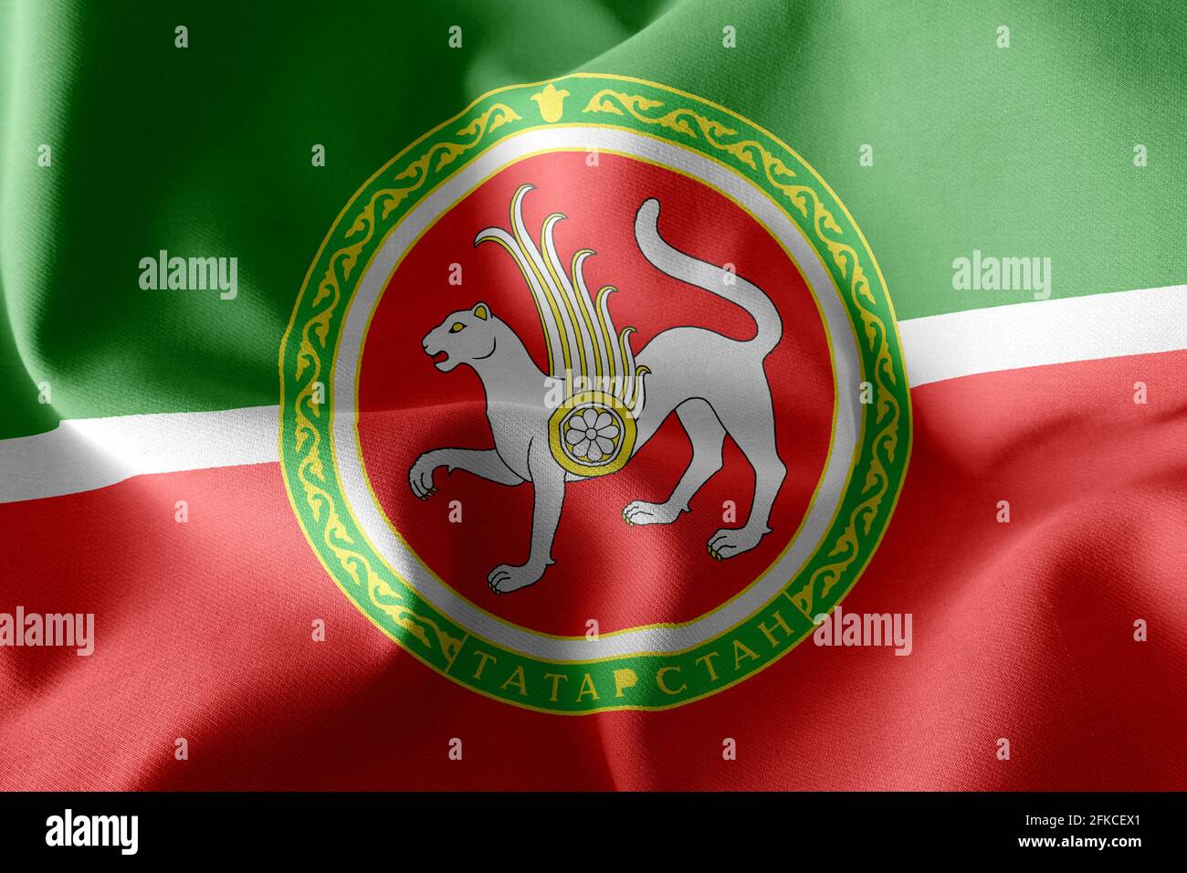 3D illustration flag of Tatarstan is a region of Russia. Waving on the ...
