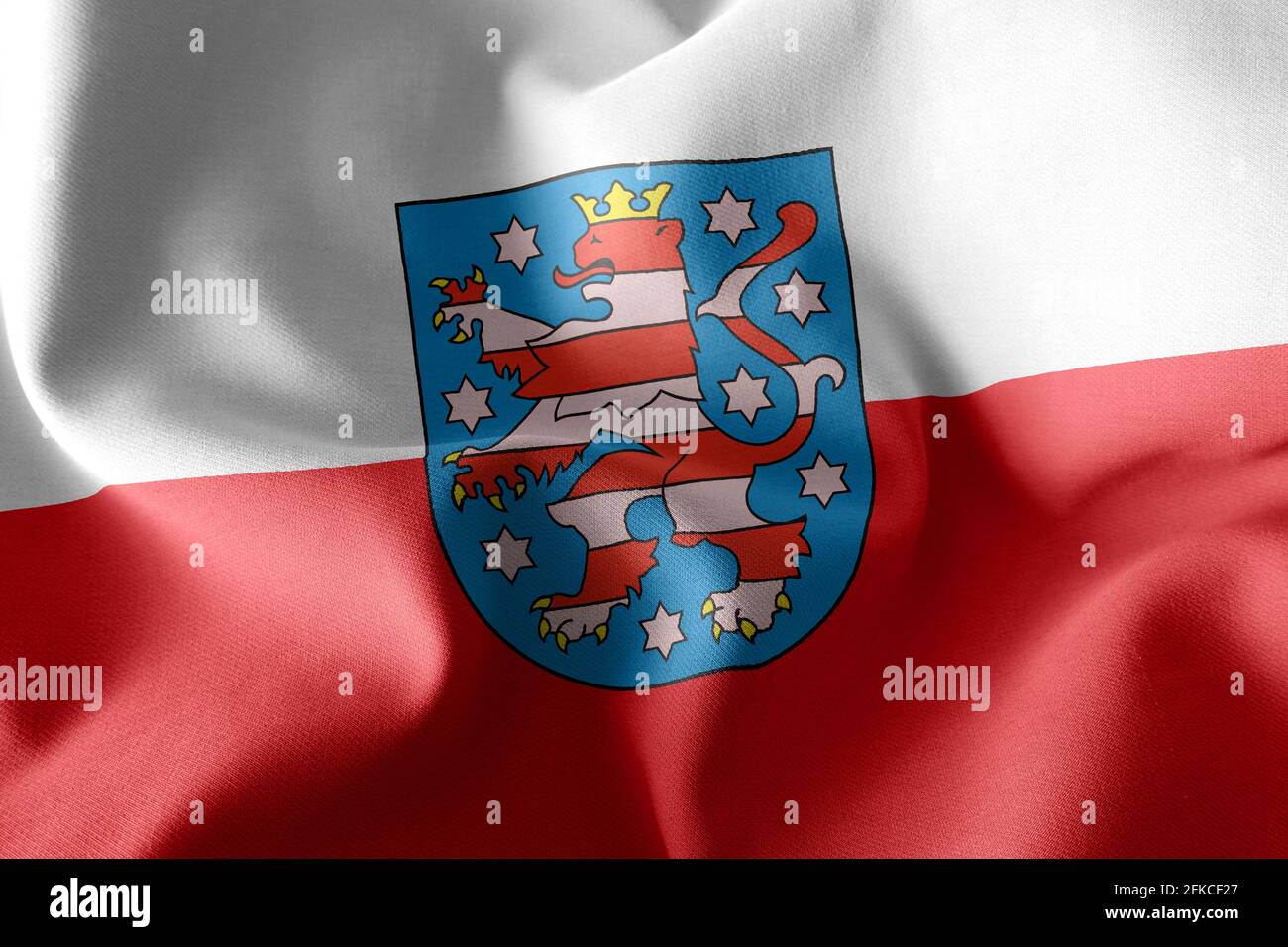 3D illustration flag of Thuringia is a region of Germany. Waving on the ...