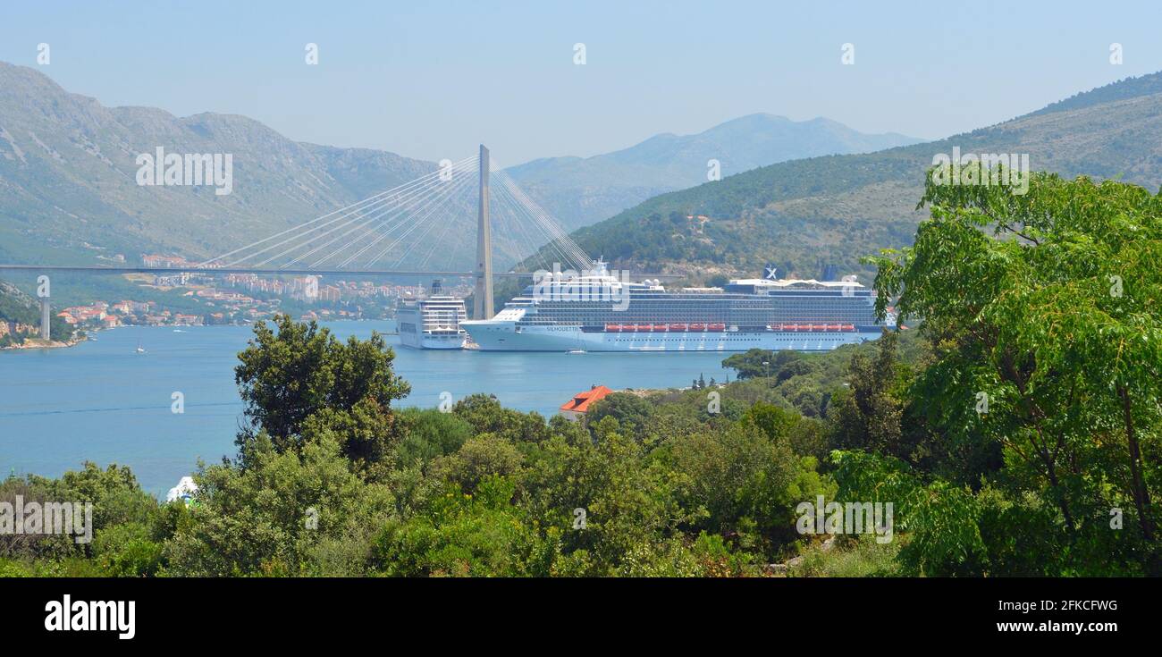 Three Cruise ships moored in Gruz Harbor close to the Tudjman Bridge ...