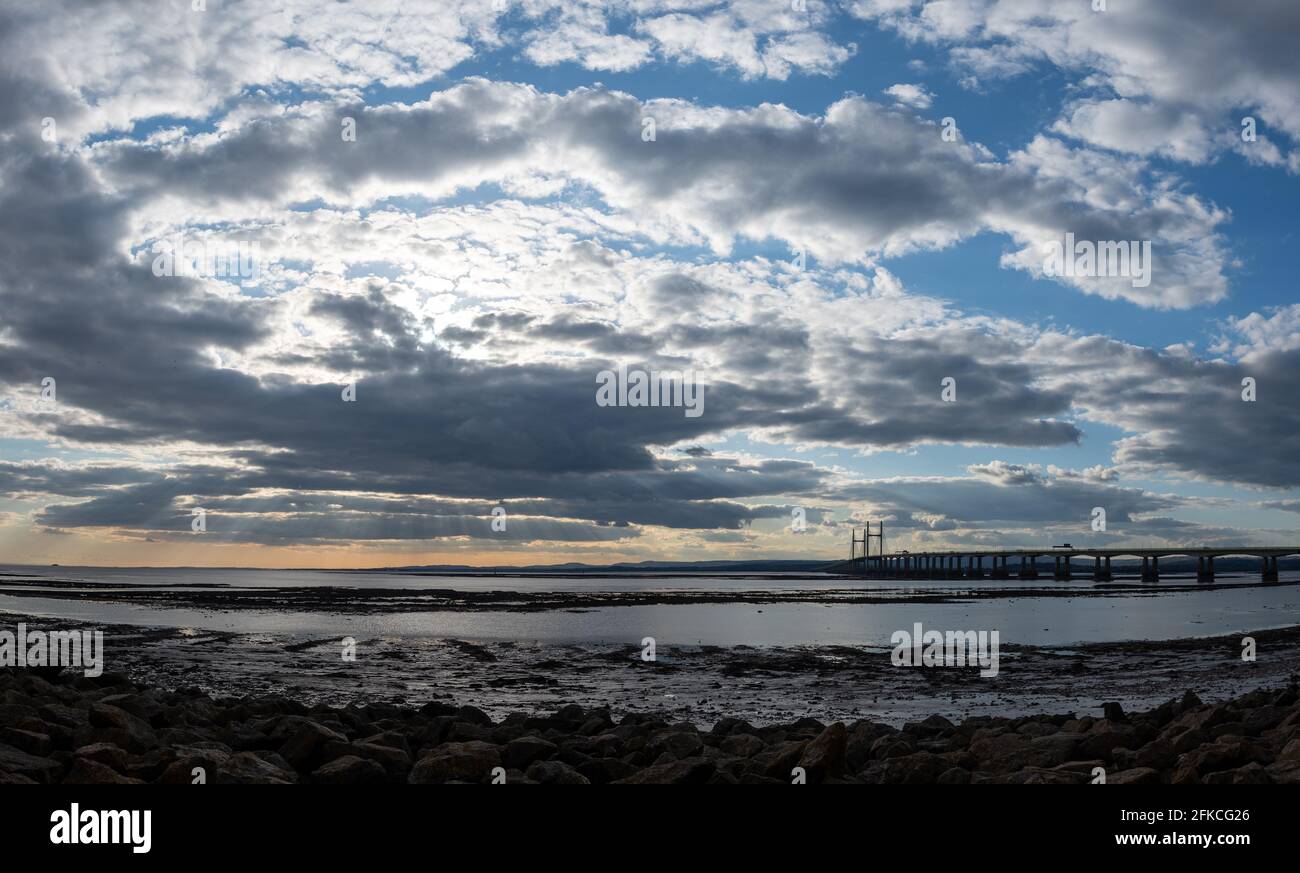 Severn Bridge crossing from England to Wales, at sunset. The bridge is ...