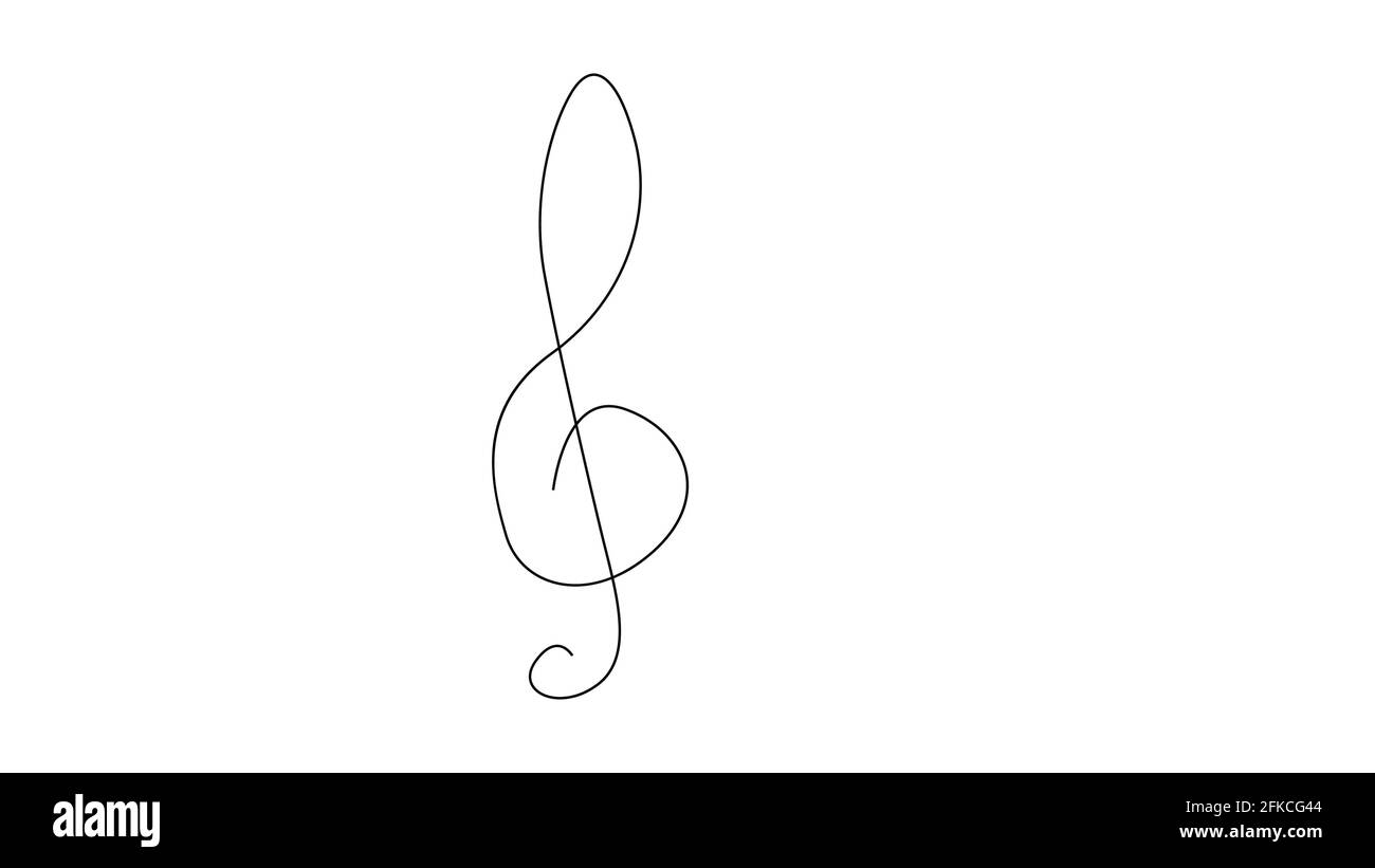A treble clef and notes are drawn by a single black line on a white ...
