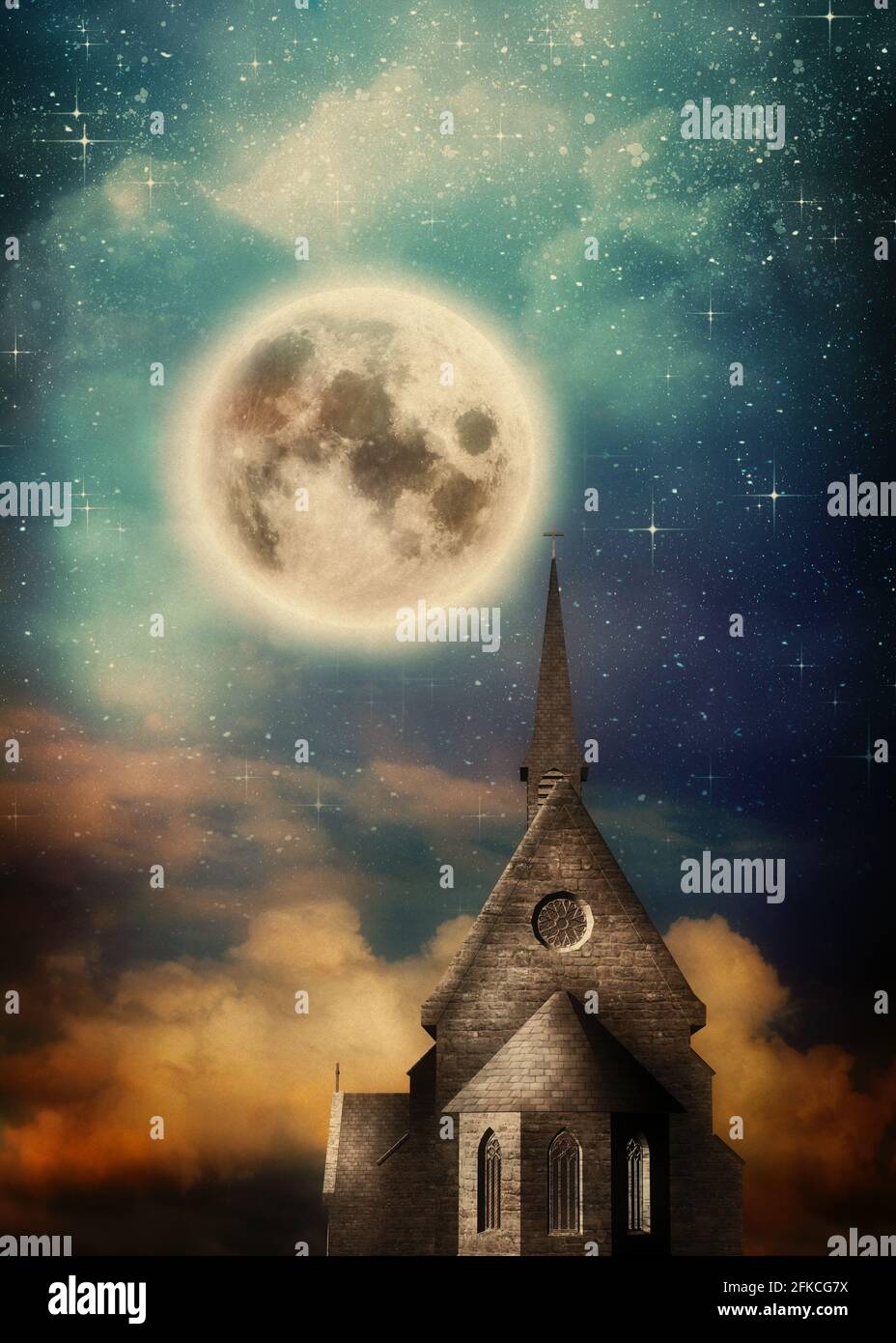 Ancient 3d catholic church and full moon, 3d digital illustration ...