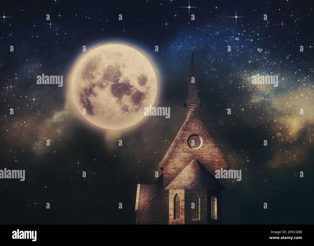 Ancient 3d catholic church and full moon, 3d digital illustration ...