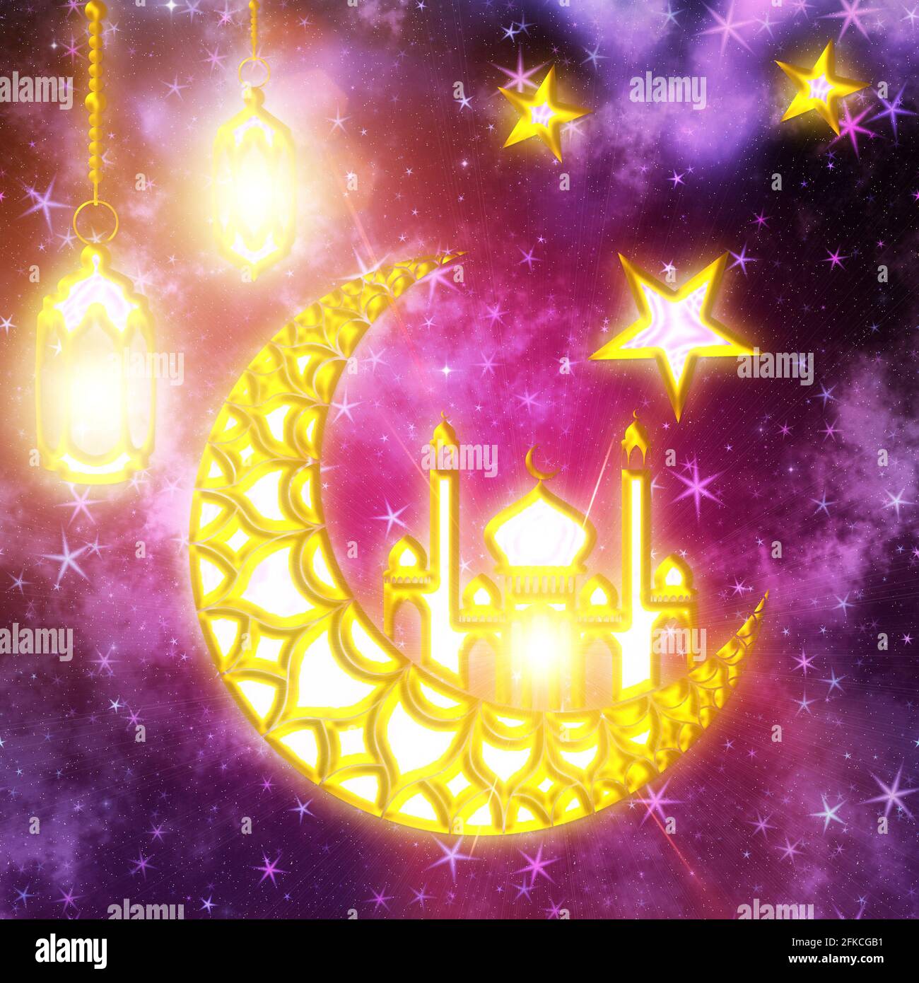 Decorative crescent moon and Muslim temple, mosque, starry space design ...