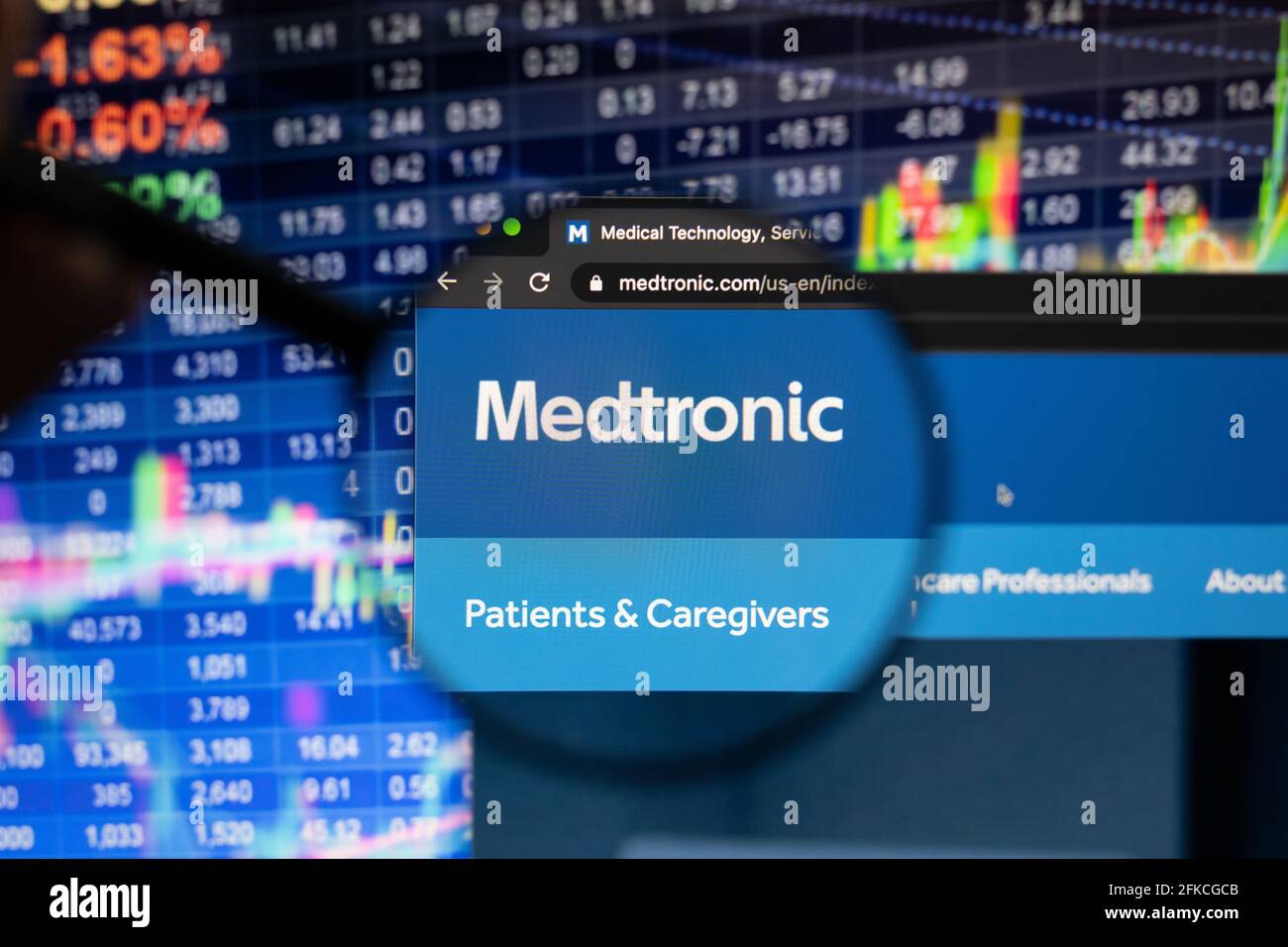 Medtronic company logo on a website with blurry stock market ...
