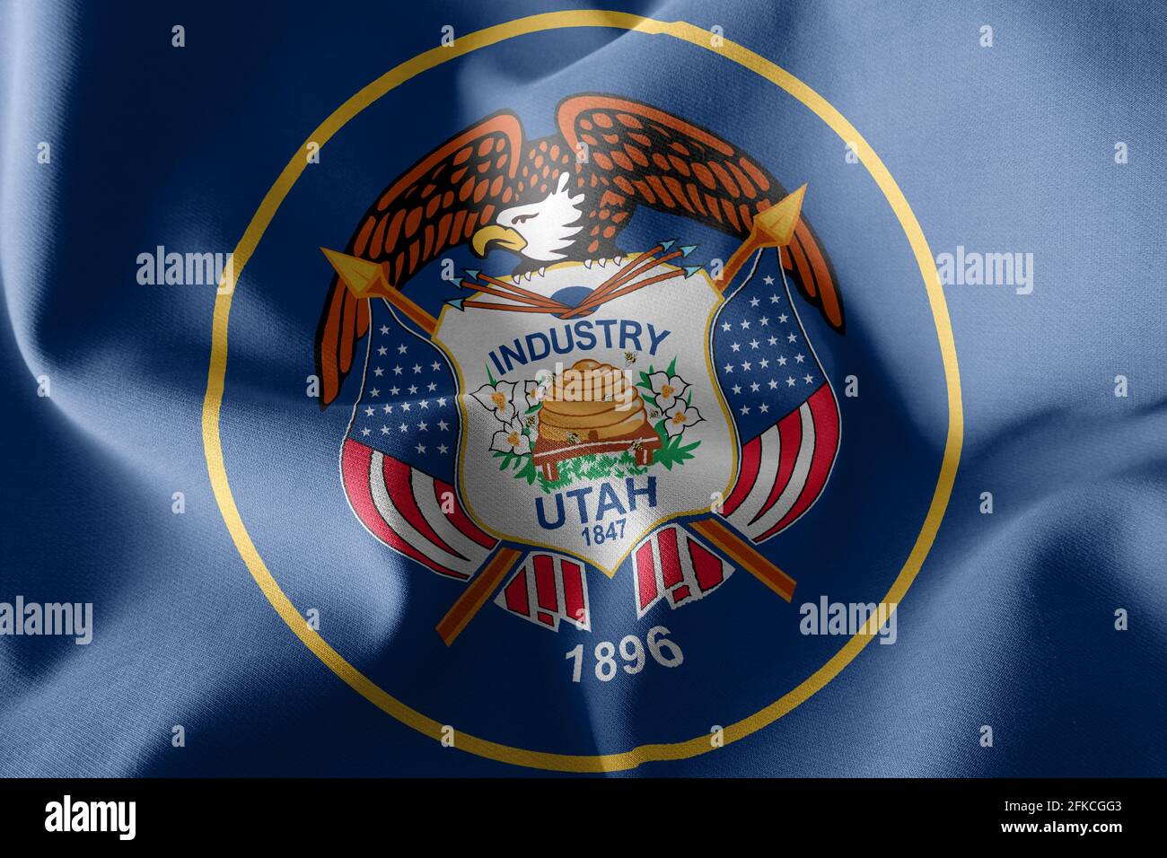 3D illustration flag of Utah is a region of United States. Waving on ...
