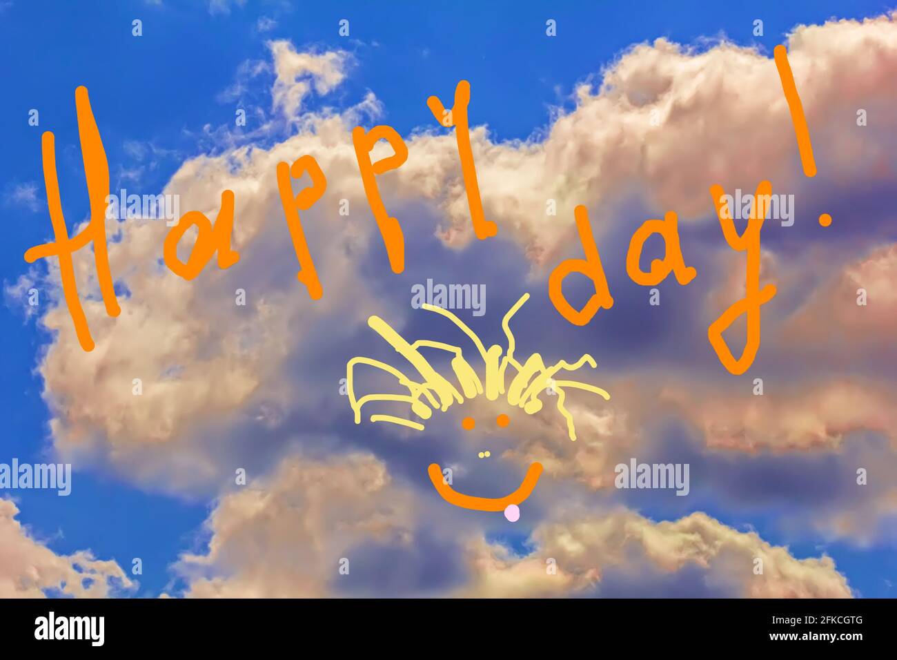 Fun words happy day and clouds in bright blue sky Stock Photo - Alamy