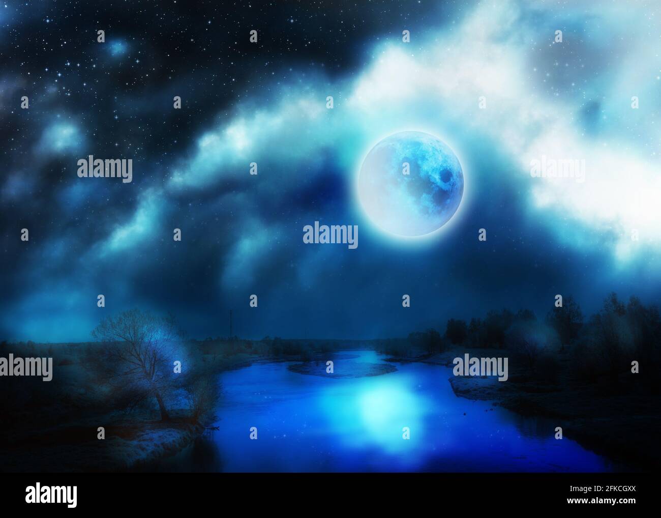 Rural landscape with river and full moon in the sky, photo manipulation ...