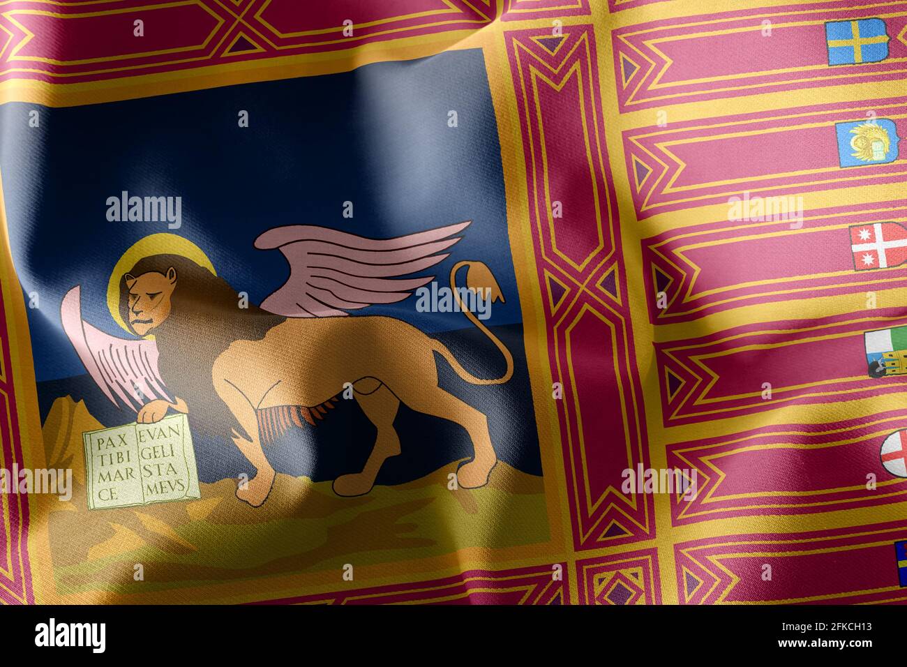 3D illustration flag of Veneto is a region of Italy. Waving on the wind ...