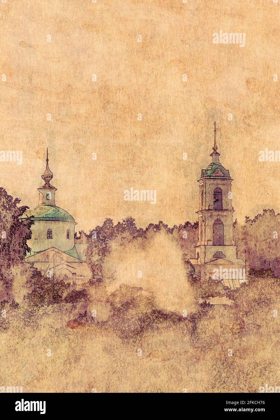 Abstract old orthodox church on paper background, photo manipulation ...